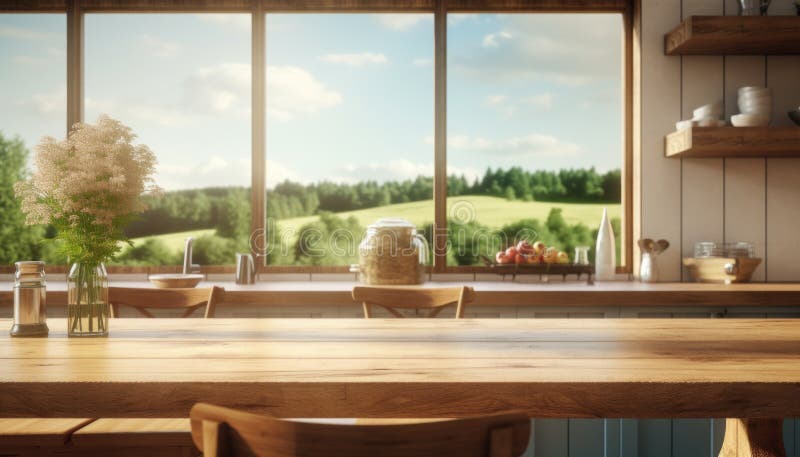 Kitchen Wooden Table with Large Windows Overlooking Field, Stock Image ...