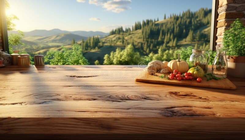 Kitchen Wooden Table with Large Windows Overlooking Field, Stock Image ...
