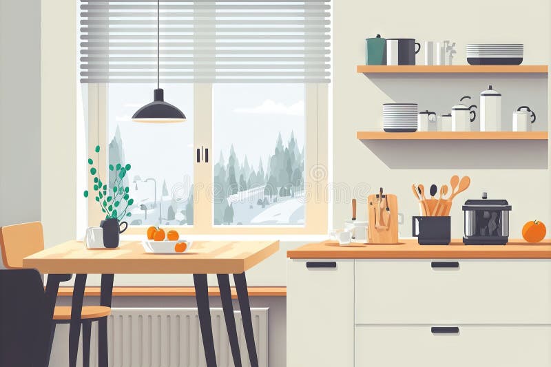 Kitchen with Wooden Table Top and Blurry Backdrop in Scandinavian Style ...