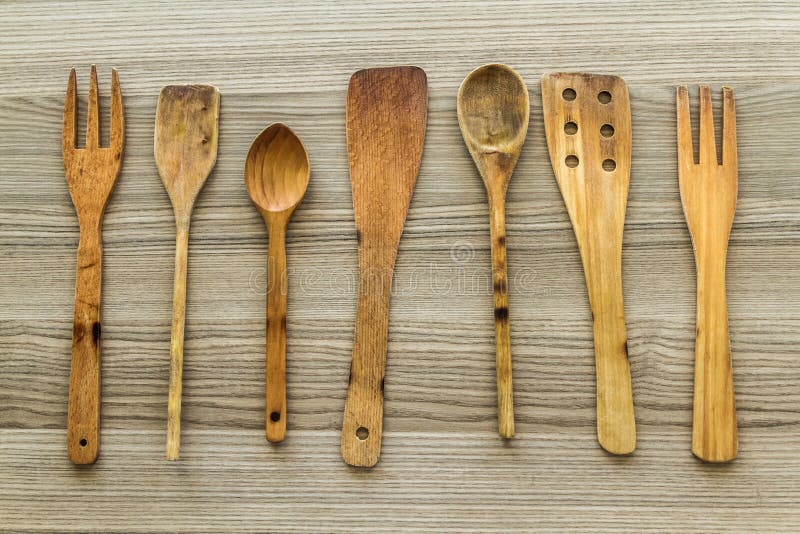 Row of Assorted Old Wooden Kitchen Utensils Stock Photo - Image of ...