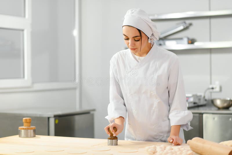Kitchen Worker Makes Dumplings from Minced Dough Stock Image - Image of ...
