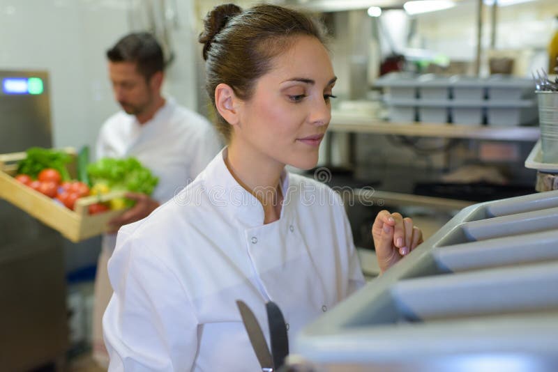 Kitchen Worker Wiping Station Stock Photo - Image of glove, service ...