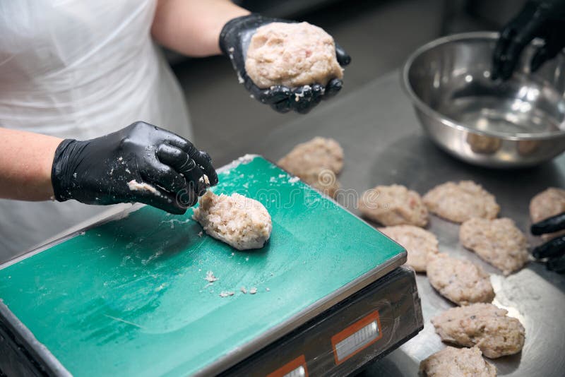 Kitchen Worker Weighs Portioned Minced Meat for Cutlets Stock Image ...