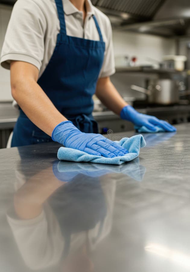 Kitchen Worker Wiping Down Surface with Blue Gloves Stock Illustration ...
