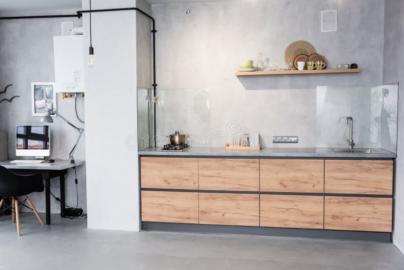 Kitchen and Workplace with Computer, Chair Stock Photo - Image of ...