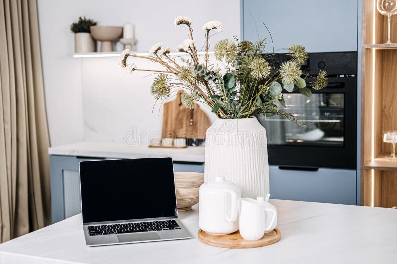 Kitchen Workstation Mockup with Empty Laptop Screen. an Elegant Kitchen ...