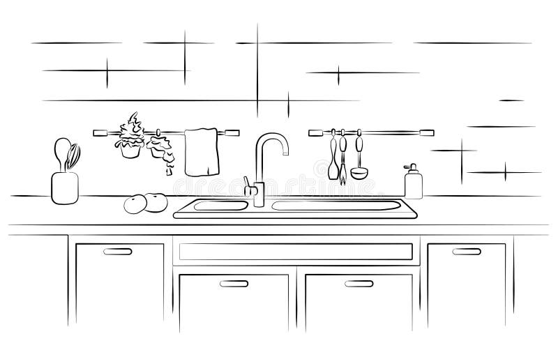 Kitchen Worktop with Sink. Linear Sketch Vector Illustration Stock ...