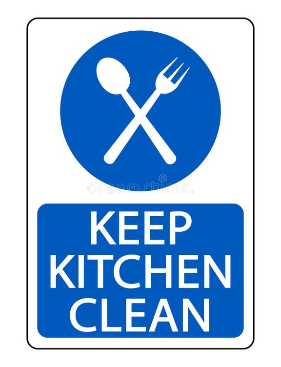 Keep Kitchen Clean, Mandatory Sign with Crossed Spoon and Fork on Blue ...