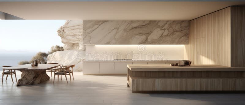 Kitchenroom with Dining Table Set and Ocean View in Sunrise or Sunset ...