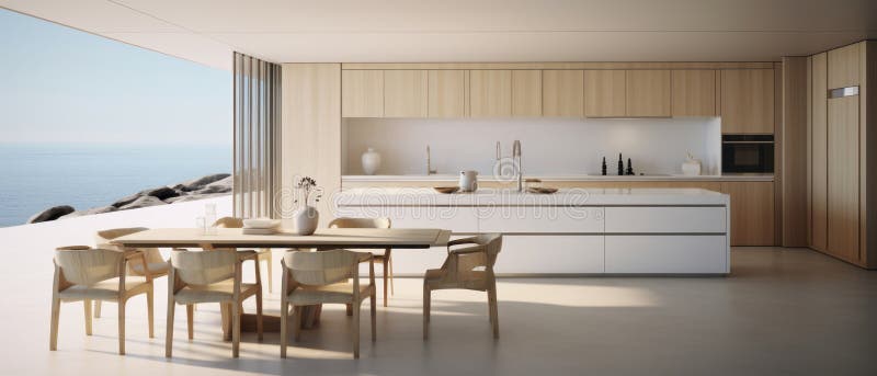 Kitchenroom with Dining Table Set and Ocean View in Sunrise or Sunset ...