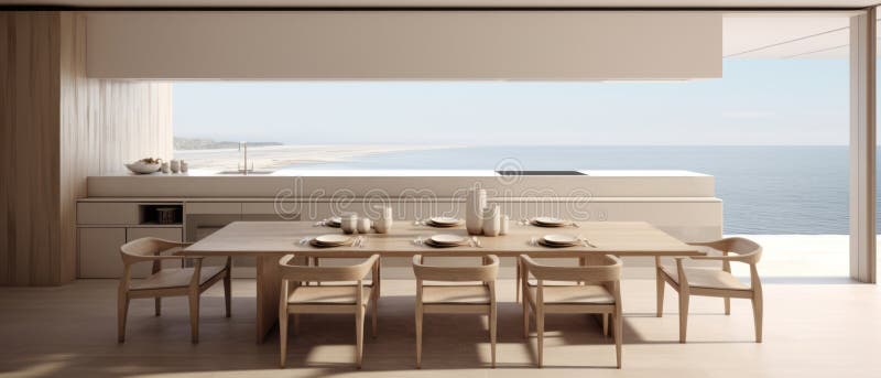 Kitchenroom with Dining Table Set and Ocean View in Sunrise or Sunset ...