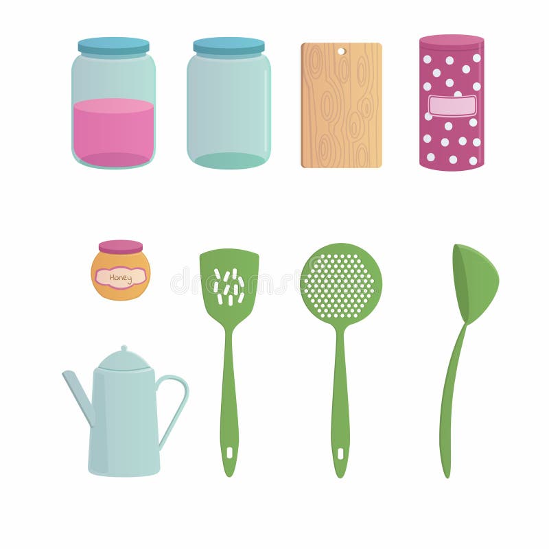 Kitchenware Cartoon Set with Nine Objects. Stock Vector - Illustration ...