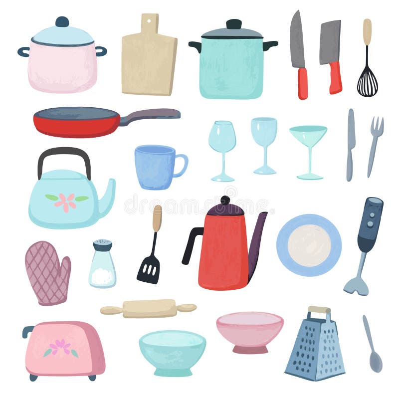 Kitchenware Collection. Set of Dishes, Cookware and Glassware. Hand ...