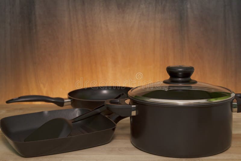 Kitchenware, Cookware Set on Wood Table ,wooden and Light Background ...