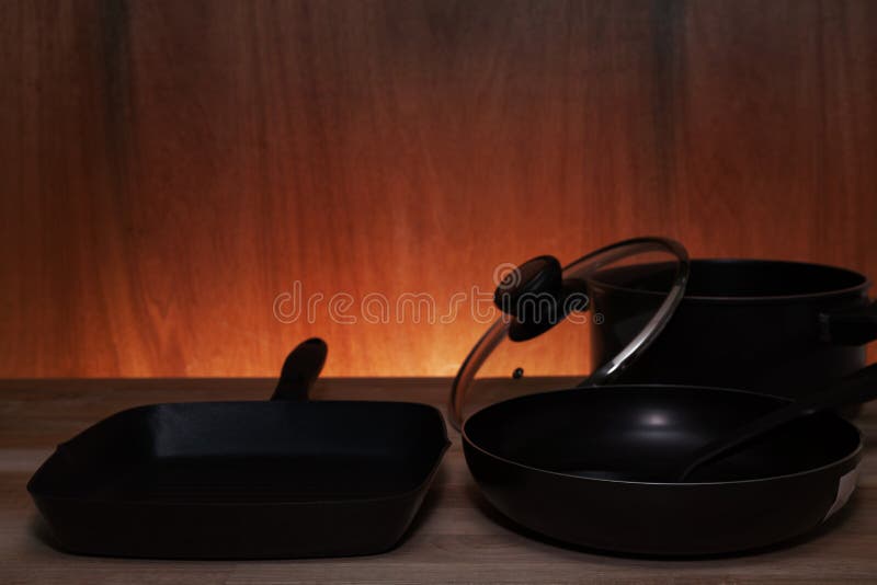 Kitchenware, Cookware Set on Wood Table ,wooden and Light Background ...