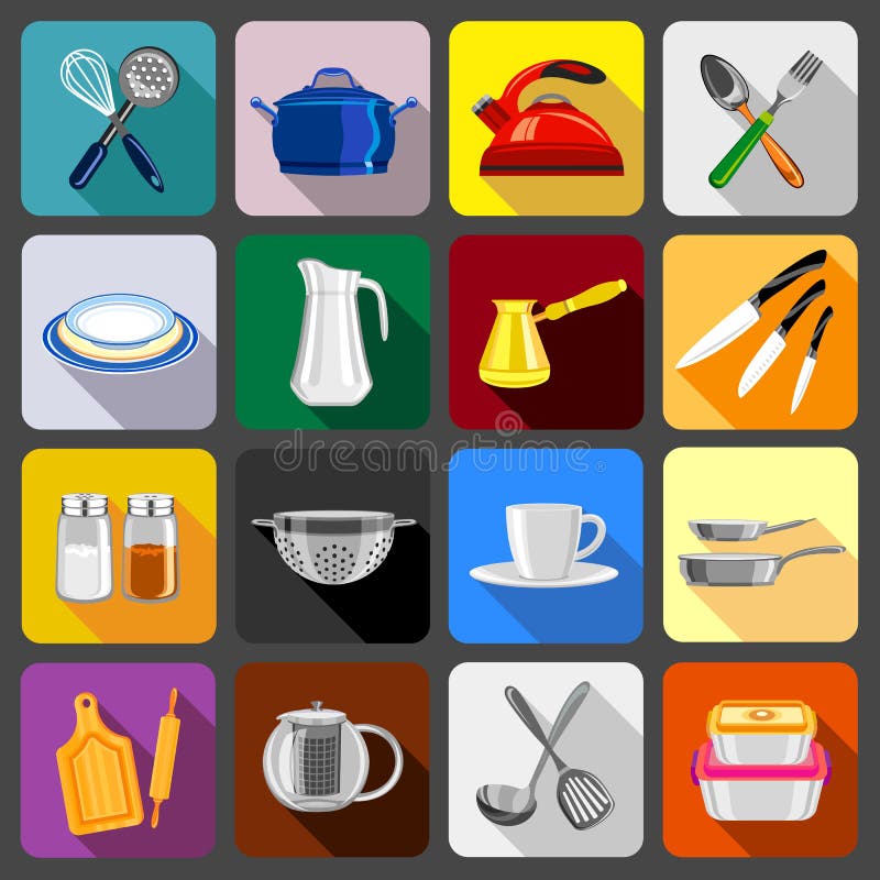 Kitchenware Dishes Icons Set, Flat Style Stock Vector - Illustration of ...