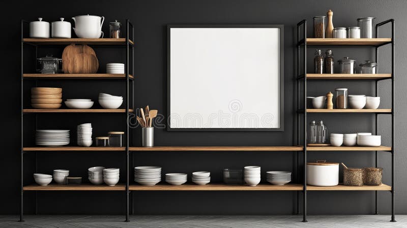 Kitchenware Display with Blank Frame on Black Wall Stock Illustration ...
