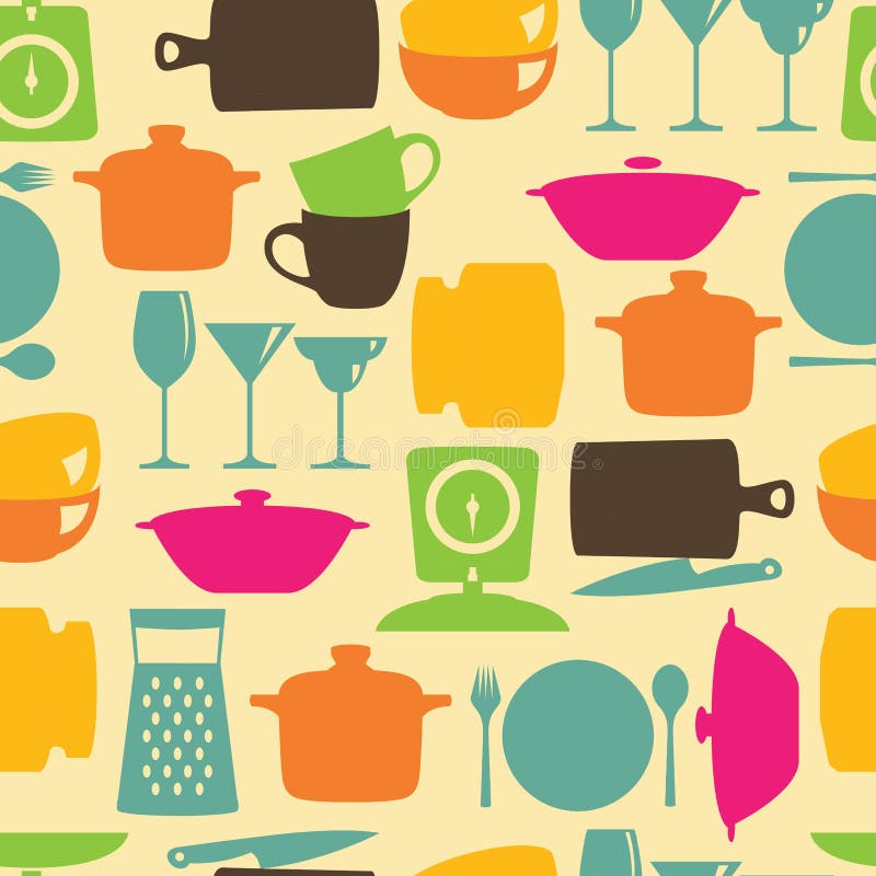 Kitchenware Flat Color Design Silhouette Vector Seamless Pattern Stock ...
