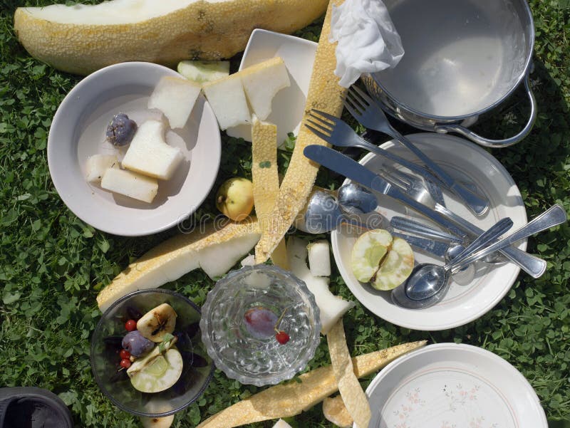 Kitchenware and Food Leftovers Scattered on the Grass Stock Photo ...
