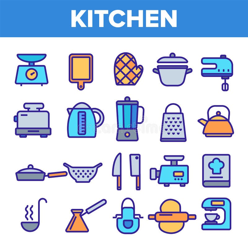 Kitchenware Line Icon Set Vector. Home Kitchen Tools Symbol. Classic ...