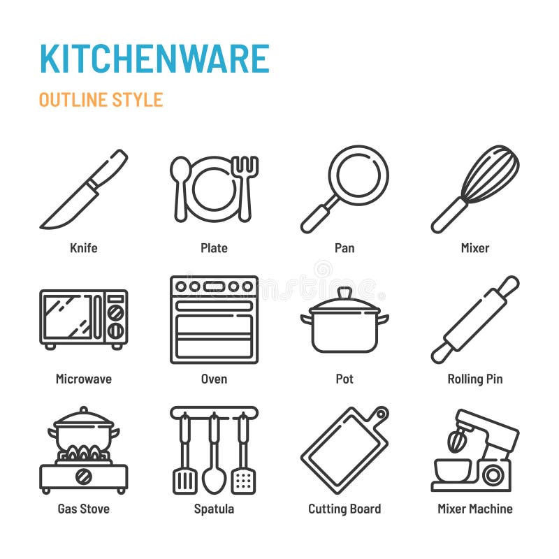 Kitchenware in Outline Icon and Symbol Set Stock Vector - Illustration ...