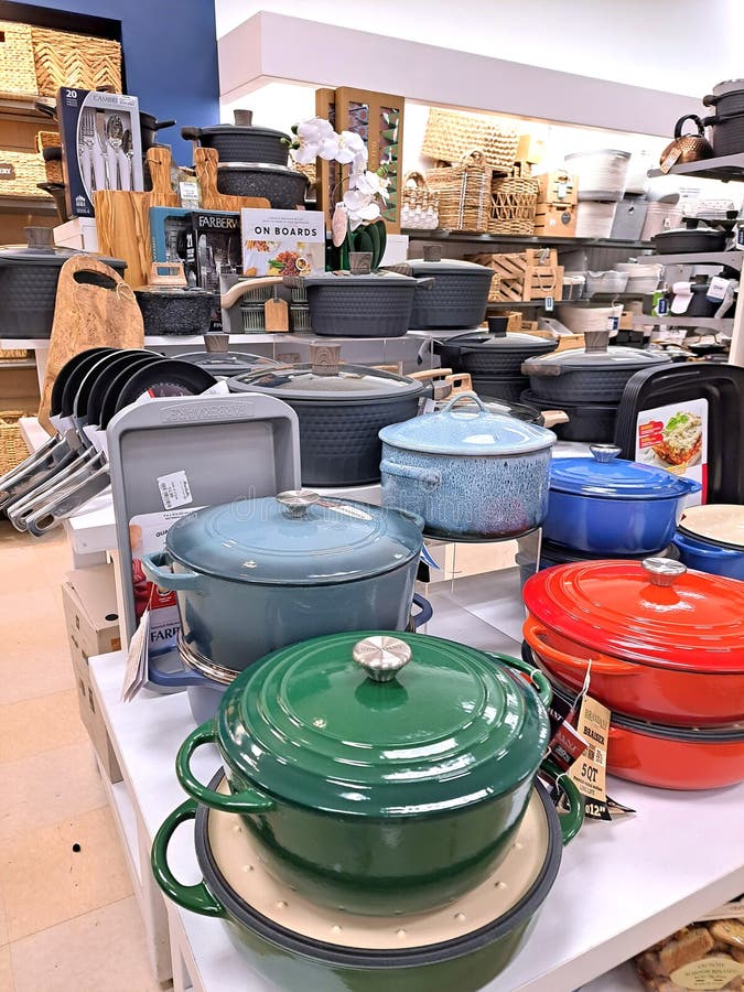 The Kitchenware Section of a Large Store. a Counter with Colorful Pots ...