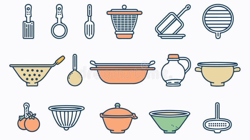 Kitchenware Sieve Strainer Outline Icons for Culinary Design Projects ...
