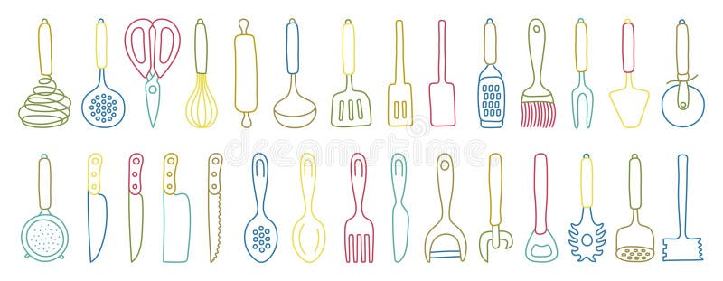 Kitchenware Sketch Set. Colorful Doodle Line Vector Kitchen Utensils ...