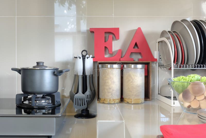 Kitchenware and Utensil on Counter in Kitchen Room Stock Photo - Image ...