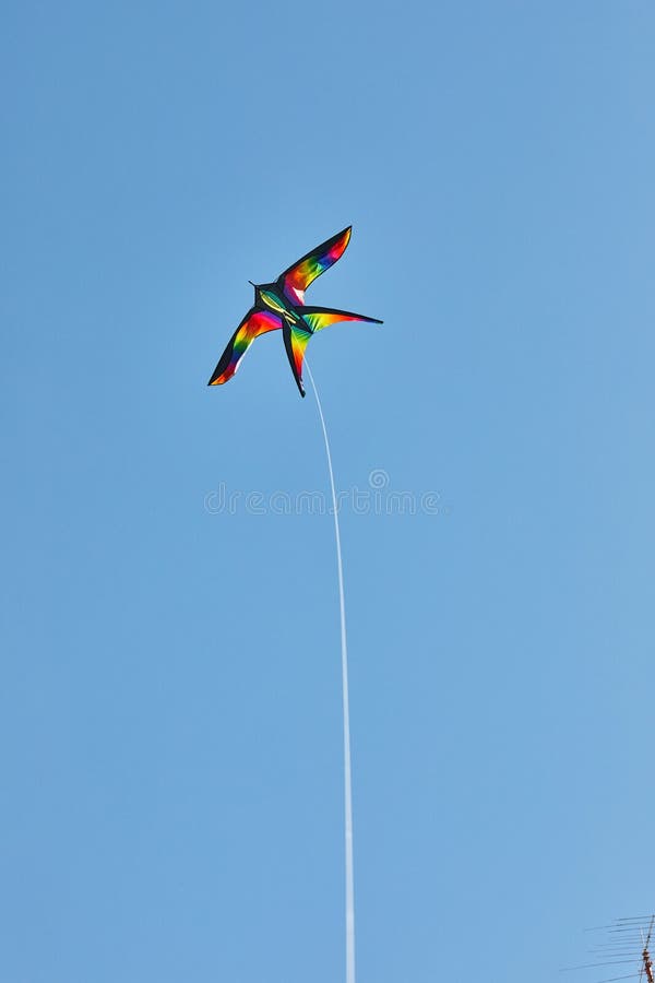 Kite Flying on a Rope in the Blue Sky on a Bright Sunny Day Stock Photo ...