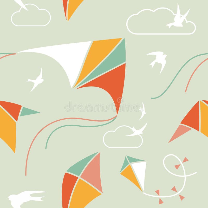 Watercolor Seamless Pattern with Kites and Clouds. Hand Drawn Vintage ...