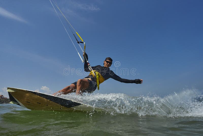 Kite Surfer Jumps with Kiteboard Stock Photo - Image of flying, active ...
