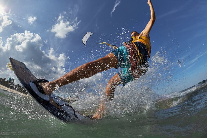 Kite Surfer Jumps with Kiteboard Stock Image - Image of active, sport ...