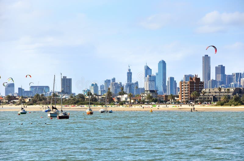 Kite Surfing on St Kilda Beach in Melbourne Stock Photo - Image of ...