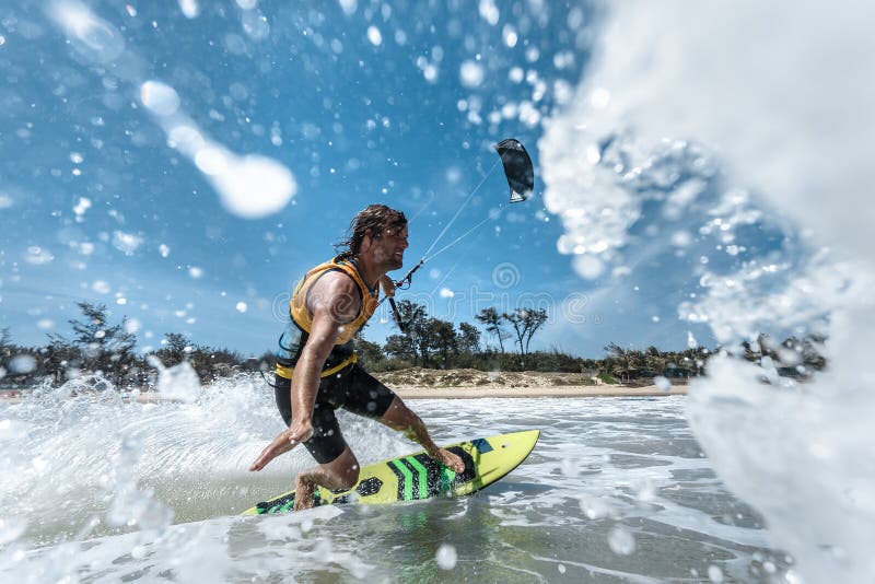 Kite surfing. stock image. Image of beach, extreme, foam - 94156325