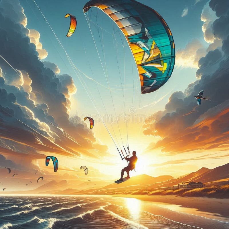 A Kite Surfing on a Windy Day at the Lake. Stock Illustration - Illustration of sailing, vector ...