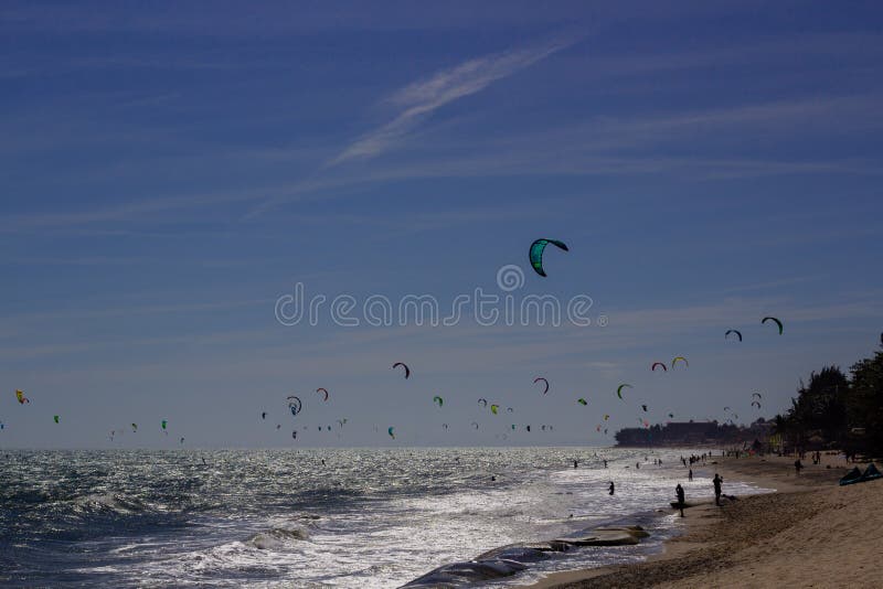 Kiteboarding, Itesurfing at Sunset in Mui Ne Beach, Vietnam Phan Thiet ...