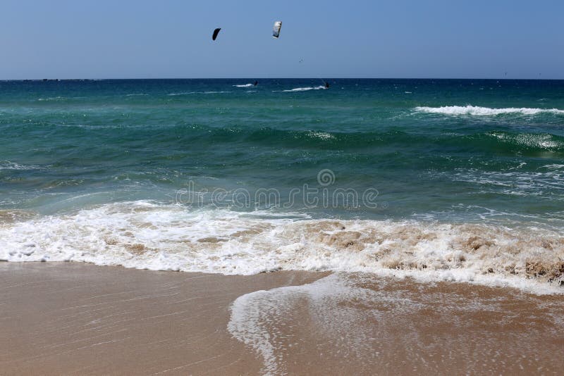 Kiteboarding - Wave Riding in the Mediterranean Stock Image - Image of ...
