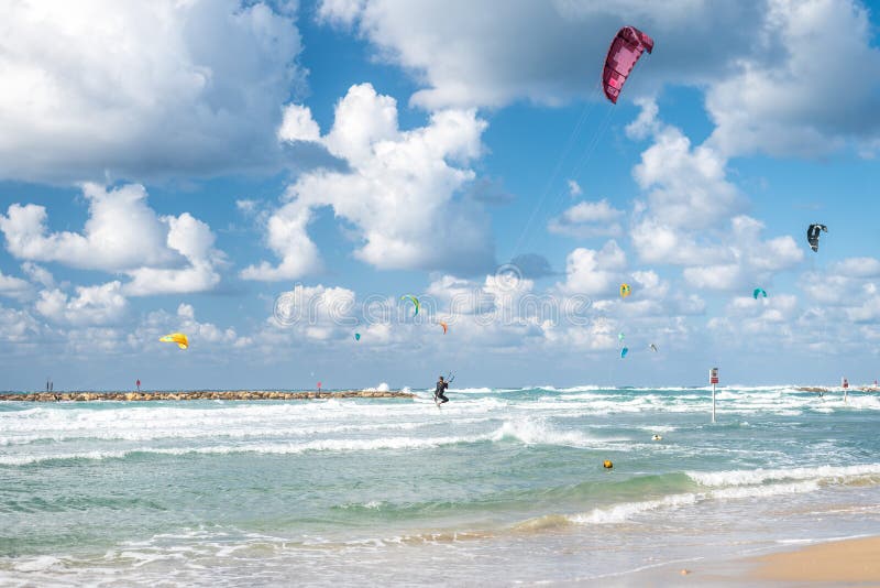 Kiter with Dark Pink Kite in the Air at Tel Aviv Beach Stock Image ...