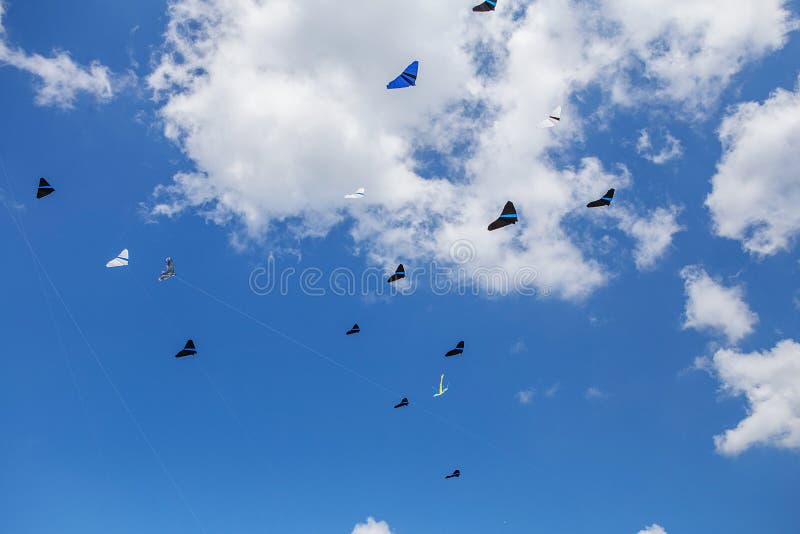 Kites Flying in a Blue Sky. Kites of Various Shapes Stock Photo - Image ...
