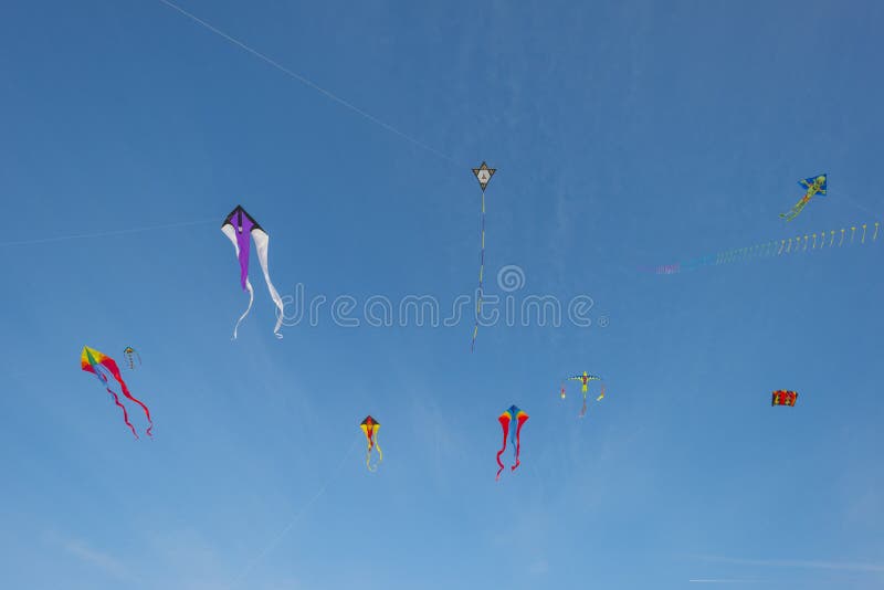 Kites Flying in the Wind in a Blue Sky in Sunlight at Fall Stock Photo ...