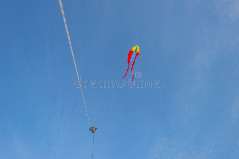 Kites Flying in the Wind in a Blue Sky in Sunlight at Fall Stock Image ...
