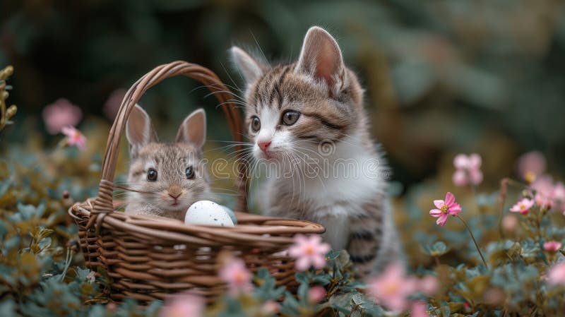 A Kitten and Baby Rabbit Finding a Basket with Easter Eggs, in a ...