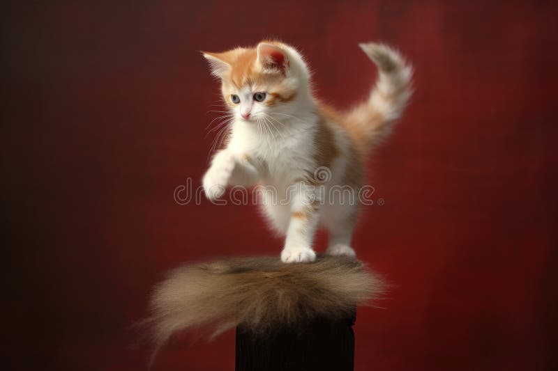 Kitten Balancing on Edge, Reaching for Feather Stock Image - Image of ...