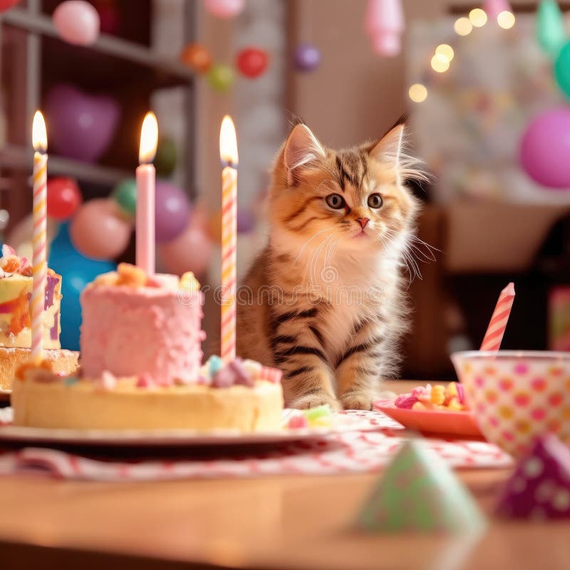 Kitten with Birthday Cake Celebration at Birthday Party, Fluffy Cat ...