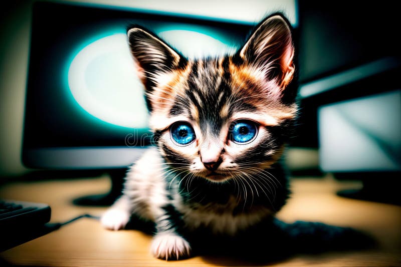 A Kitten with Blue Eyes Sitting in Front of a Computer. Generative AI ...