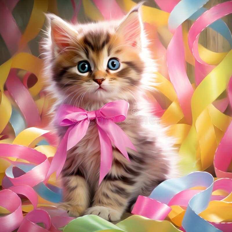A Kitten with a Bow Sitting on the Floor Surrounded by Colorful Ribbons ...
