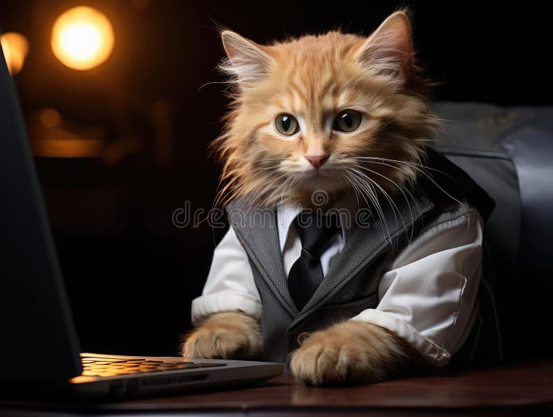 Kitten in Business Suit Working on Computer Stock Illustration ...