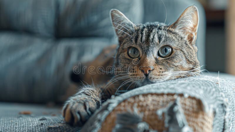 Kitten Cat Scratching Grey Fabric Sofa at Home.Generative AI Stock ...