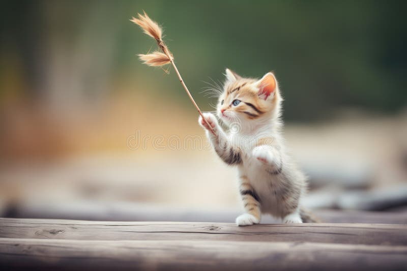 Kitten Catching a Feather on a Stick Stock Photo - Image of chasing ...